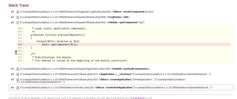 php show stack trace in yii framework stack overflow