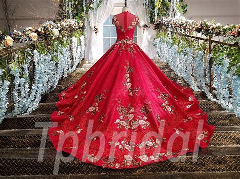 Red Ball Gown Bridal Dress Train Prom Party Dress For Sale • Tpbridal