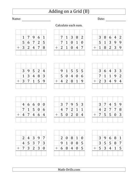 adding three 5 digit numbers on a grid b