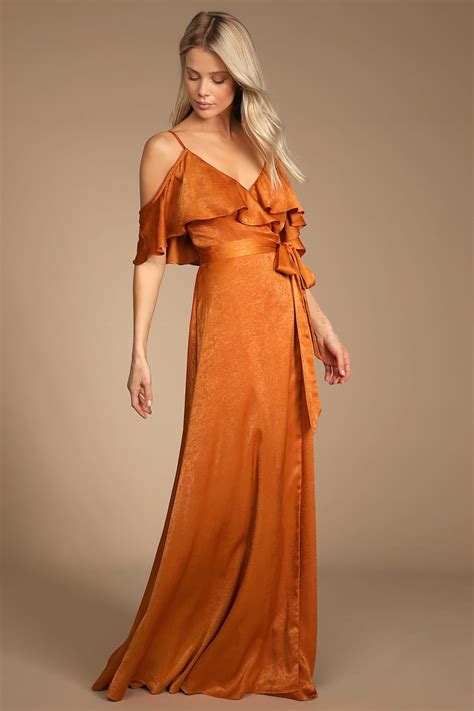 Rust Satin Wrap Maxi Dress To Wear To A Wedding Hi Miss Puff