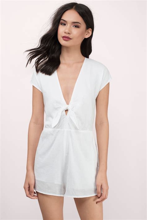 Ivory Romper Front Tie Romper Plunging V Romper White Romper