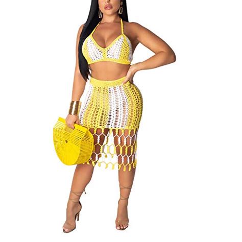 Womens Sexy 2 Piece Dress Skirts Sets Outfits Color Block Strap Crop