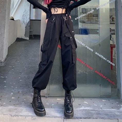 Emo Women Korean Style Gothic Streetwear Black Cargo Pants Hip Hop Punk