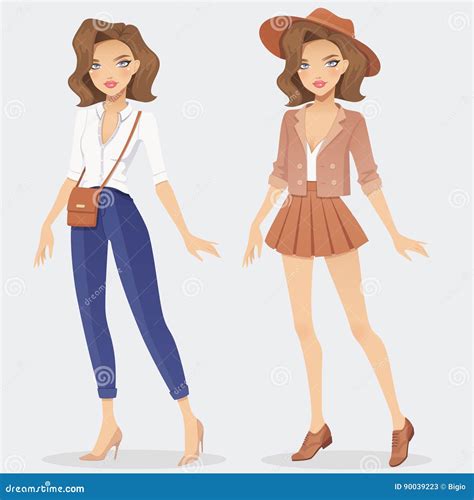 Cartoon Fashion Girl Character Wearing Two Casual Outfits Stock Vector