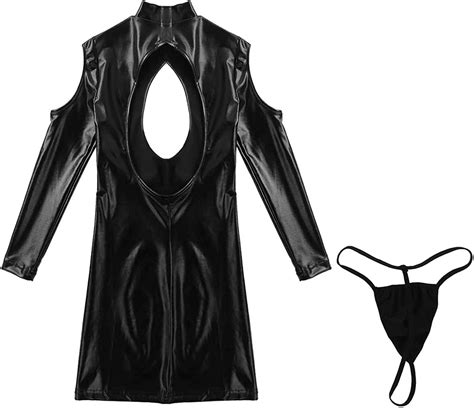 Msemis Womens Wet Look Patent Leather Lingerie Set Mock Neck 3 4