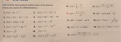 Solved 1 22 Find The Most General Antiderivative Of The