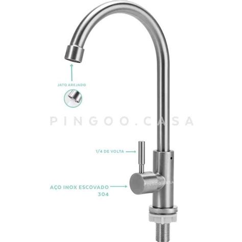 Torneira Para Cozinha Em Aço Inox Escovado Aporé Pingoo Casa Prata