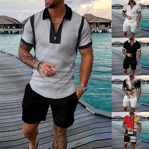 Mens Short Sets Outfits 2 Piece Summer Tracksuit Short Sleeve Shirt