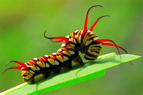 Horned Caterpilars Aan De Uiteinden Van De Bladeren Stock Foto Image