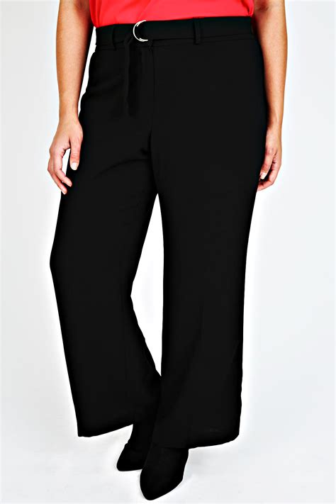 Black Crepe Wide Leg Trousers With Silver Ring Belt Plus Size 16 18 20