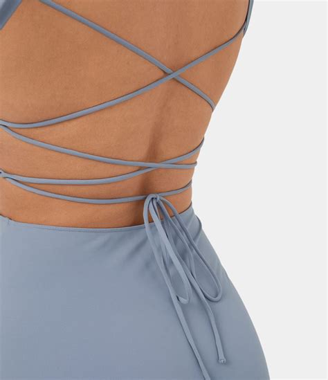 Womens Ruched Backless Crisscross Lace Up Split Bodycon Midi Casual