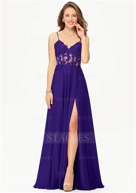 A Line V Neck Chiffon Long Floor Length Prom Dress With Appliqued Split