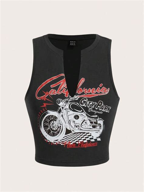 Shein Coolane Motorcycle And Letter Graphic Notched Neck Tank Top Tank