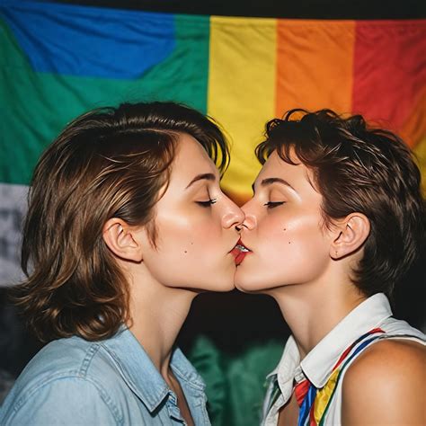 Lesbian Couple Kissing With Lgbt Pride Flag Background Premium Ai