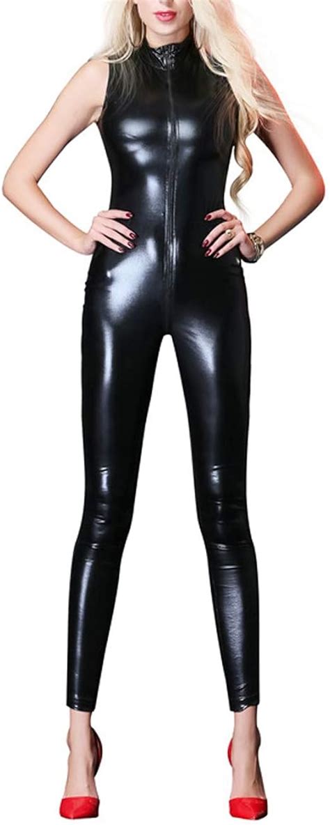 Owlfay Sexy Women Faux Leather Wet Look Bodysuit Zipper Open Crotch
