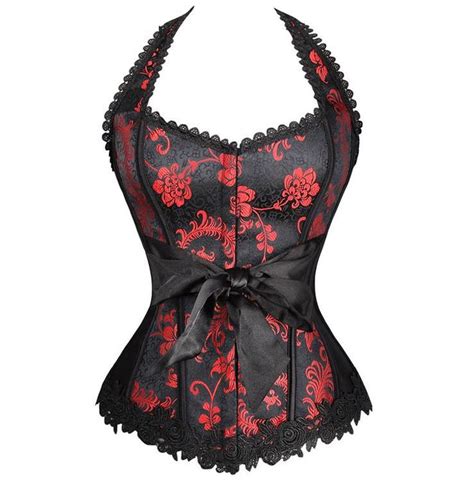 Atomic Black And Red Jacquard Weave Halter Overbust Corset Corset Noir