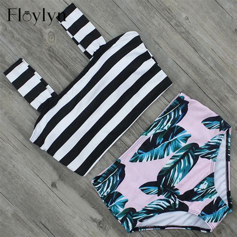 Floylyn Sexy Women Bikini Set Striped Vest Top Swimsuit Leaf Print High