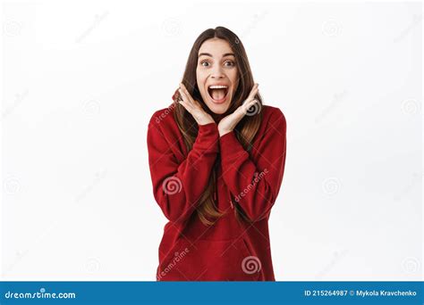 Excited Winning Girl Screams From Joyful Cool Surprise Open Mouth