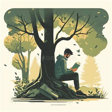 Man Reading A Book In The Park Vector Illustration In Retro Style