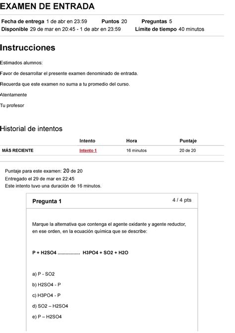 Examen De Entrada Química Inorgánica Examen De Entrada Fecha De