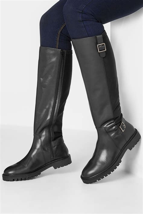 Lts Black Buckle Leather Knee High Boots In Standard D Fit Long Tall