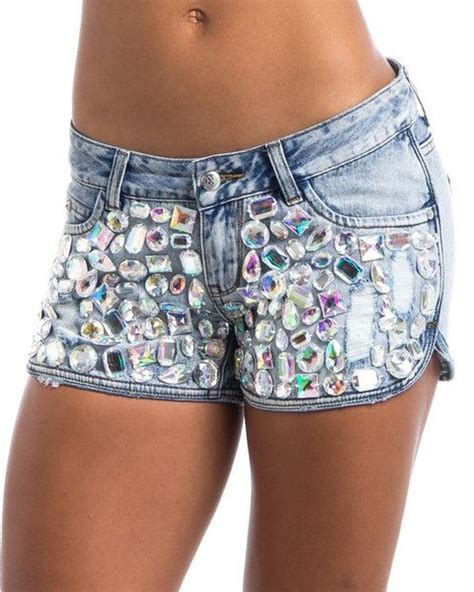 Bella Crystal Rhinestone Embellished Denim Shorts Denim Shorts