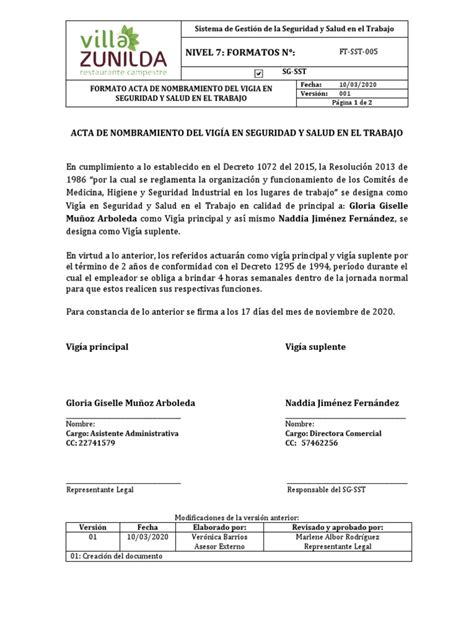Formato Acta De Nombramiento Del Vigia En Seguridad Y Salud En El