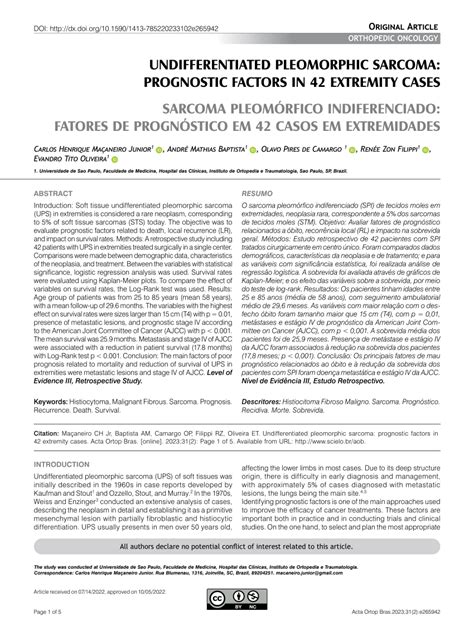 Pdf Undifferentiated Pleomorphic Sarcoma Prognostic Factors In 42