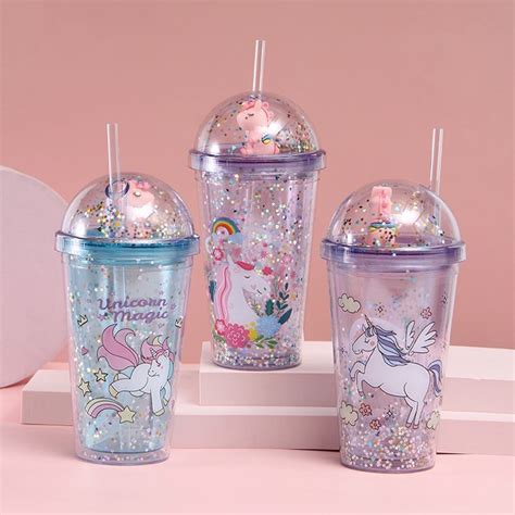 Cute Unicorn Cup With Straw Double Wall Plastic Tumbler Cup Unicorn