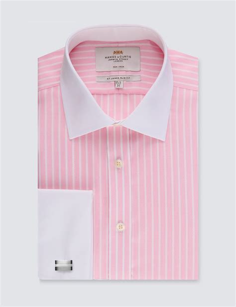 Mens Dress Pink And White Stripe Slim Fit Shirt With White Collar And Cuff