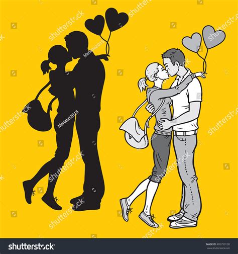 Silhouette Monochromatic Illustration Lovers Kissing Stock Vector