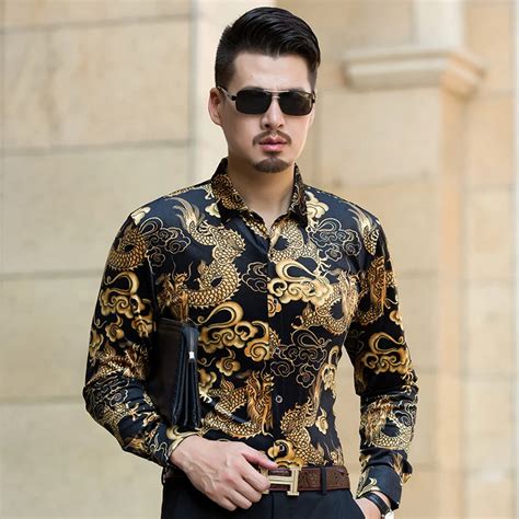 2017 Autumn Gold Velvet Shirts Mens China Dragon Turndown Collar Shirt