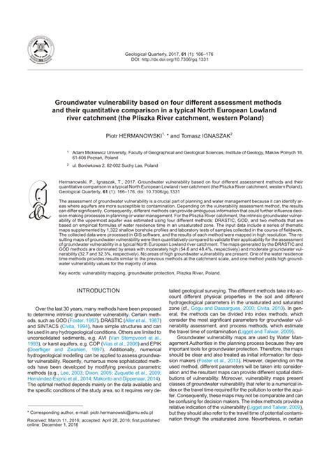 Pdf Groundwater Vulnerability Based On Four Different Assessment