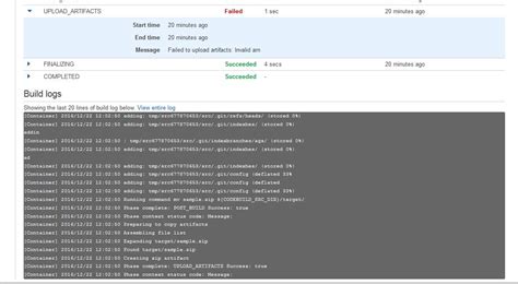 amazon web services code build error failed to upload