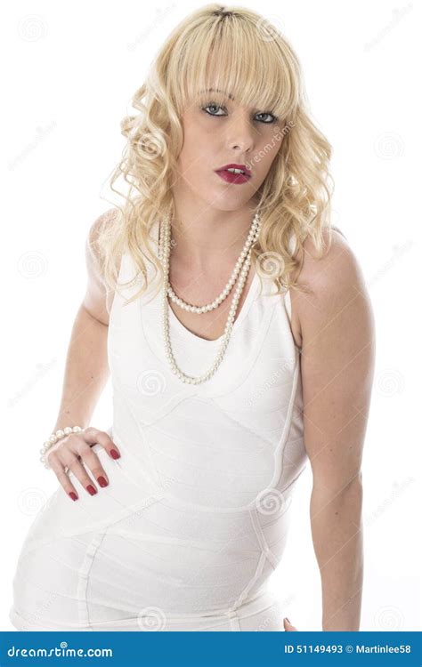 Young Woman Posing In White Short Tight Mini Dress Stock Image Image