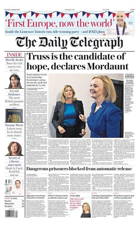 Daily Telegraph Front Page 2nd Of August 2022 Tomorrows Papers Today