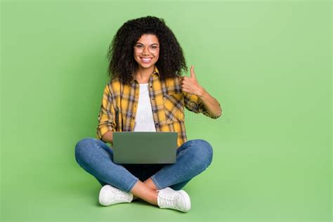 Full Length Photo Of Sweet Curly Hairstyle Young Lady Sit Type Laptop