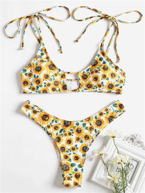 Women Sexy Swimwear Beach Suit Sunflower High Cut Bikini Set Bathing