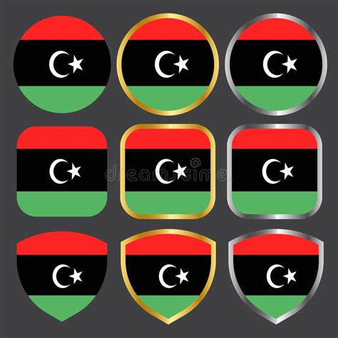 Libya Flag Vector Icon Set With Gold And Silver Border Stock Vector