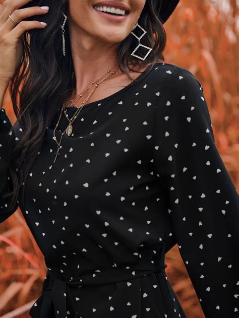 Shein Lune Allover Heart Print Belted Dress Shein Usa