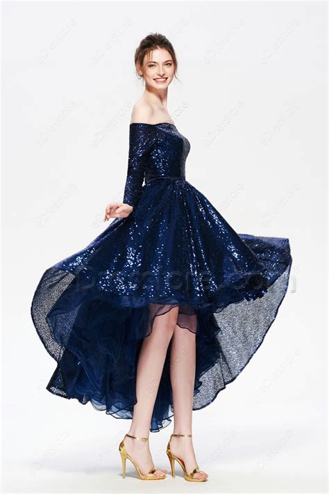 Sparkly Navy Blue Off The Shoulder High Low Prom Dresses Long Sleeves