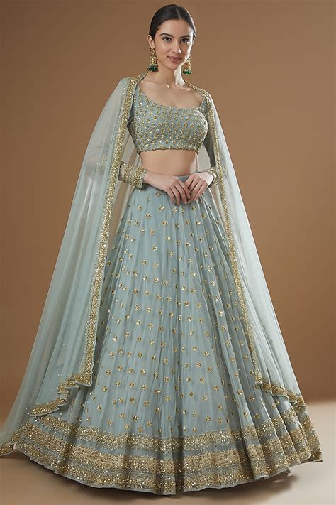 Powder Blue Net Jaal Embroidered Wedding Lehenga Set By Astha Narang At