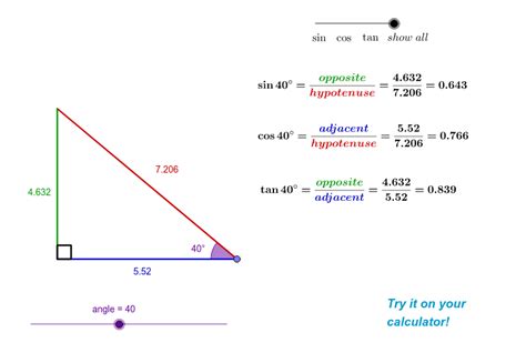 Sin Cos And Tan In A Right Angled Triangle Geogebra