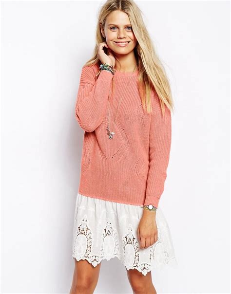 Asos Asos Sweater Dress In Rib Knit With Lace Skirt At Asos Knitted