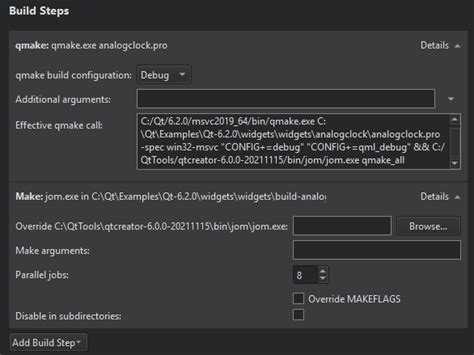 specifying build settings qt creator manual