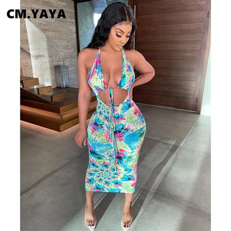 Cm Yaya Beach Tie Dye Print Halter Neck Women S Midi Dress Sexy Night