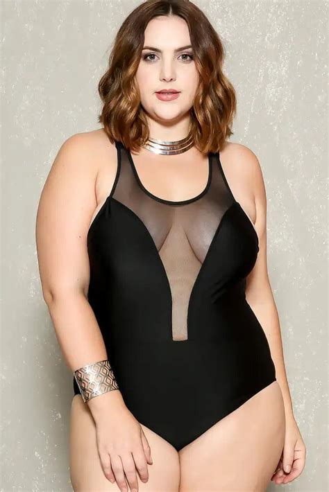 Sexy Black Mesh Padded Strappy Plus Size One Piece Swimsuit Amiclubwear
