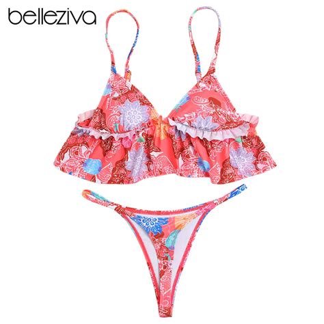 Belleziva Spaghetti Strap Padded Floral Print Ruffle Women Bikini Set