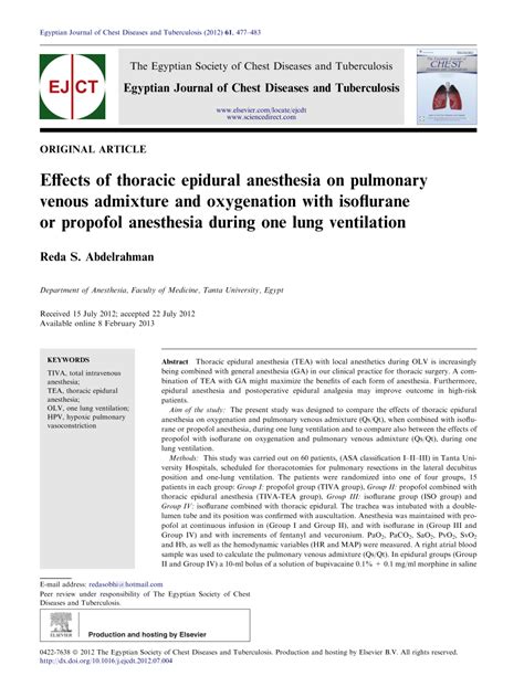 Pdf Effects Of Thoracic Epidural Anesthesia On Pulmonary Venous