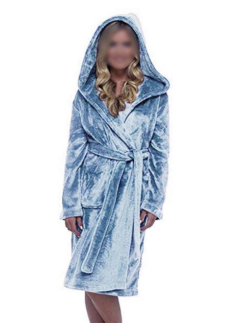 Haite Ladies Fuzzy Plush Bathrobes V Neck Sherpa Robe Hooded Fleece